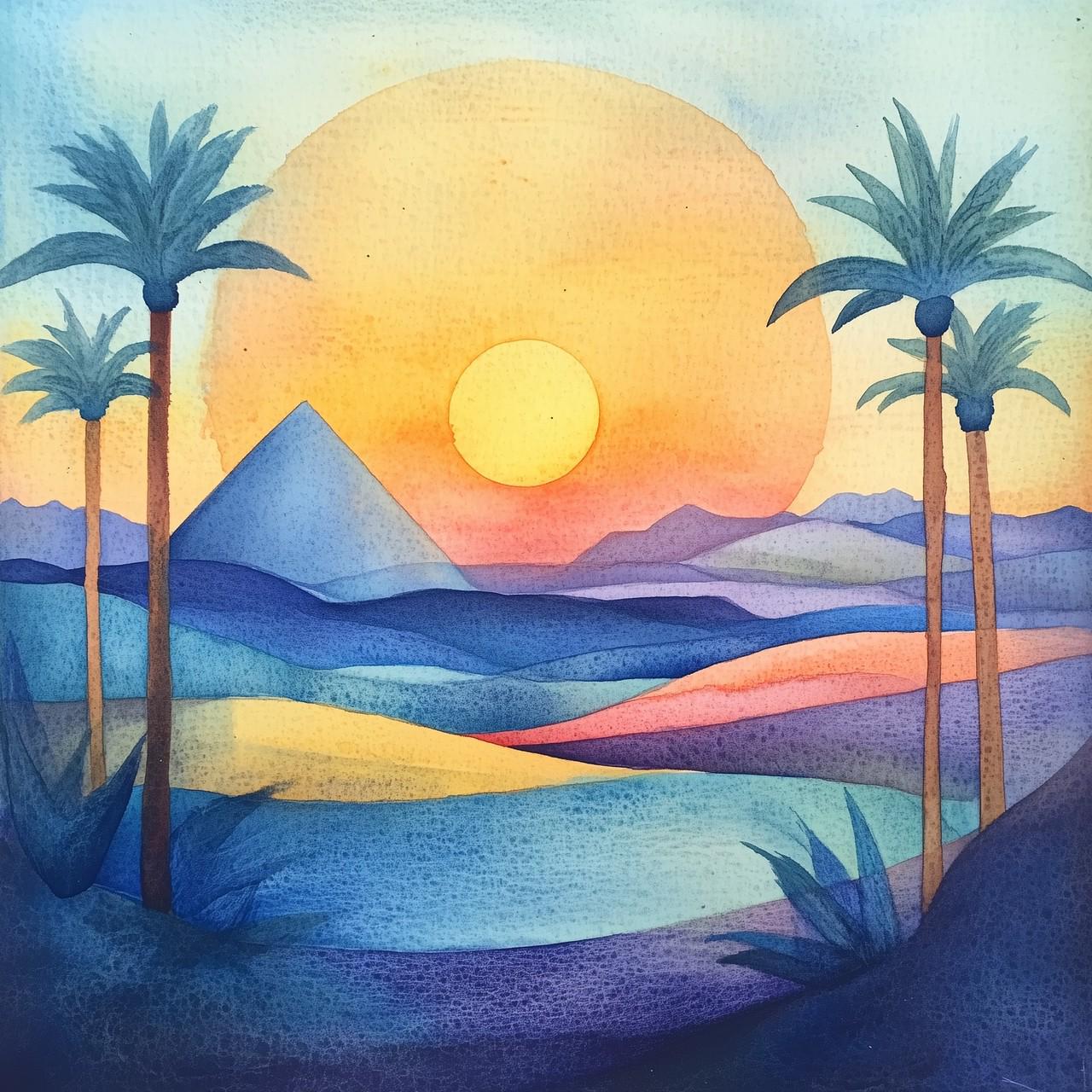 Egyptian Landscape Art Print Set, Pyramid & Camel Painting (digital ...