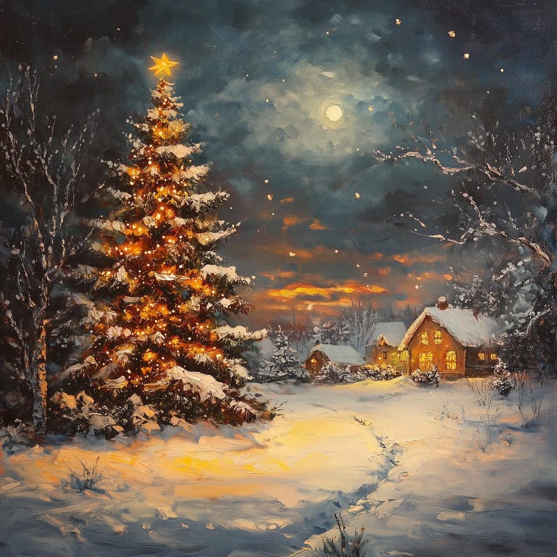 Christmas Night Artwork, Oil Painting, Christmas Tree, Snowy Landscape ...