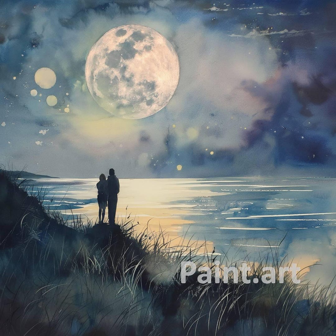 Full Moon Couple Painting: Romantic Starry Night Art (digital Download ...