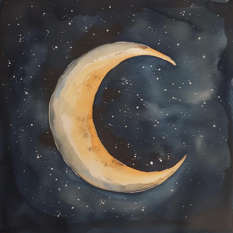 Crescent Moon, Digital Artwork, Moon and Stars, Digital Art Print, Wall ...