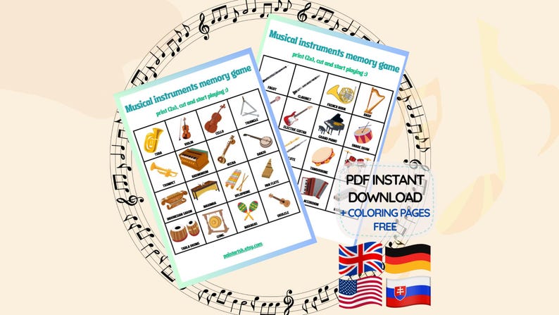 Musical Instrument Memory Game | Printable Cards + Coloring (PDF) - Etsy