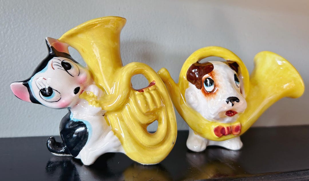 Vintage Anthropomorphic Cat and Dog Playing Brass Instruments Salt ...