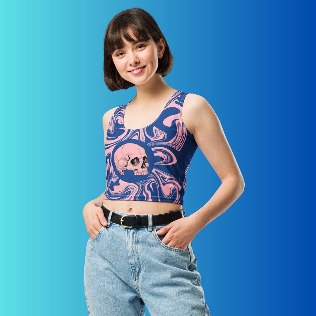 Funky Crop Top: Pink & Blue Marbles With Skull Design One-of-a-kind ...