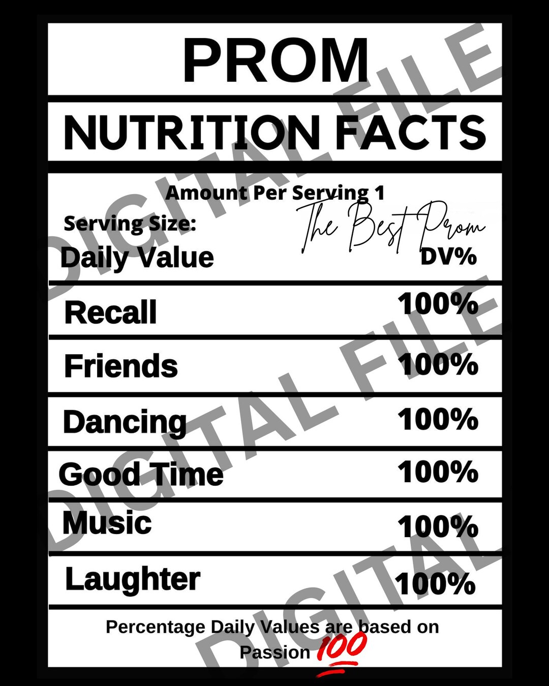 Prom Nutrition Facts Printable | Fun Prom Party Sign | Instant Download ...