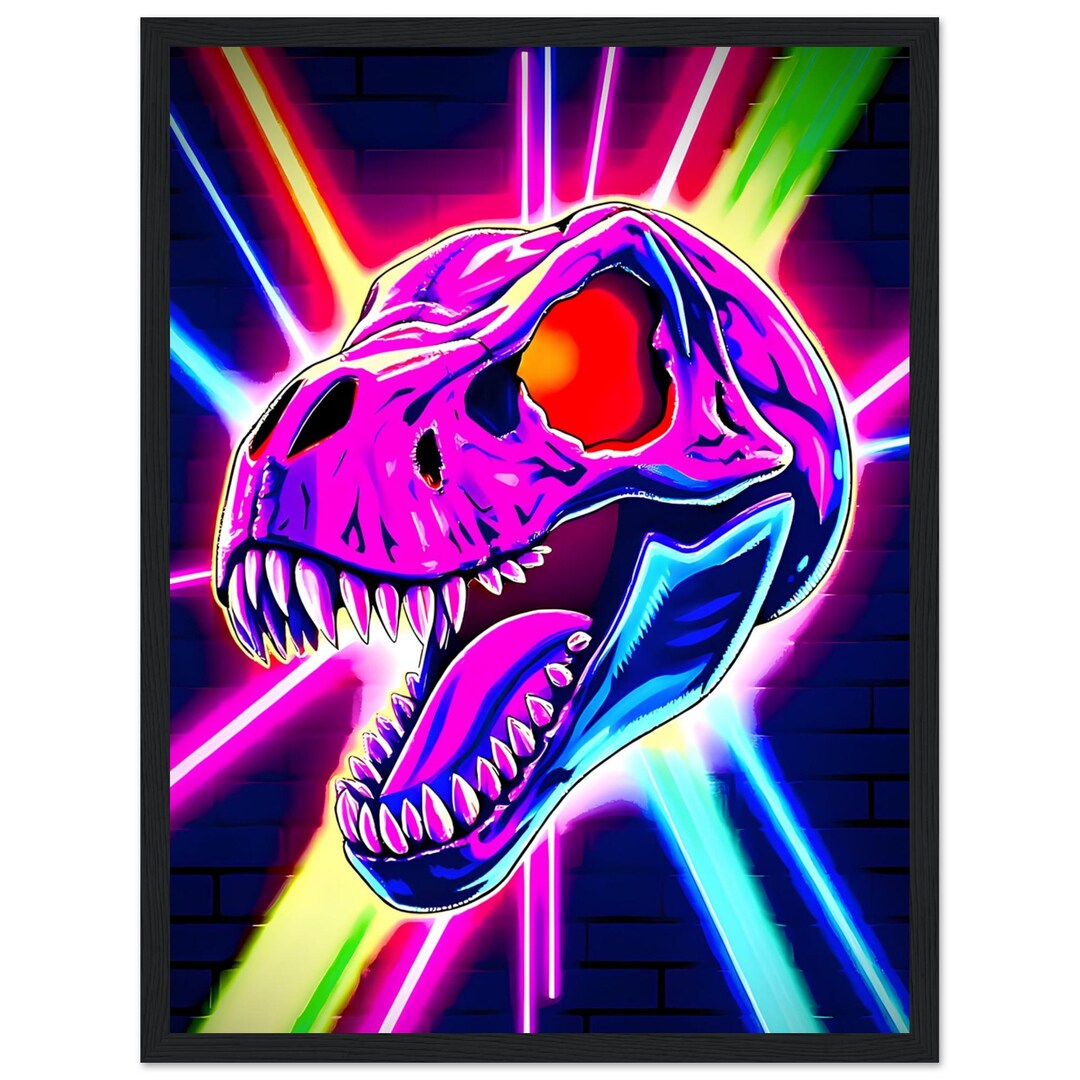 Neon Pixel Art T-rex Skull Wall Art – Prehistoric Inspired, Ready to ...