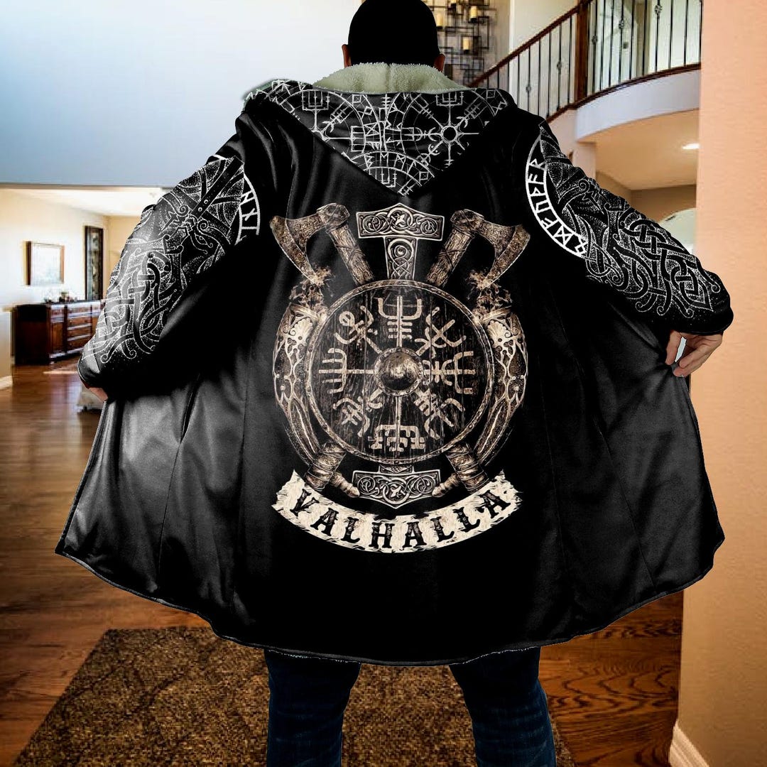 Viking Hooded Cloak, Viking Pattern Fleece Hoodie, Festival Jacket ...