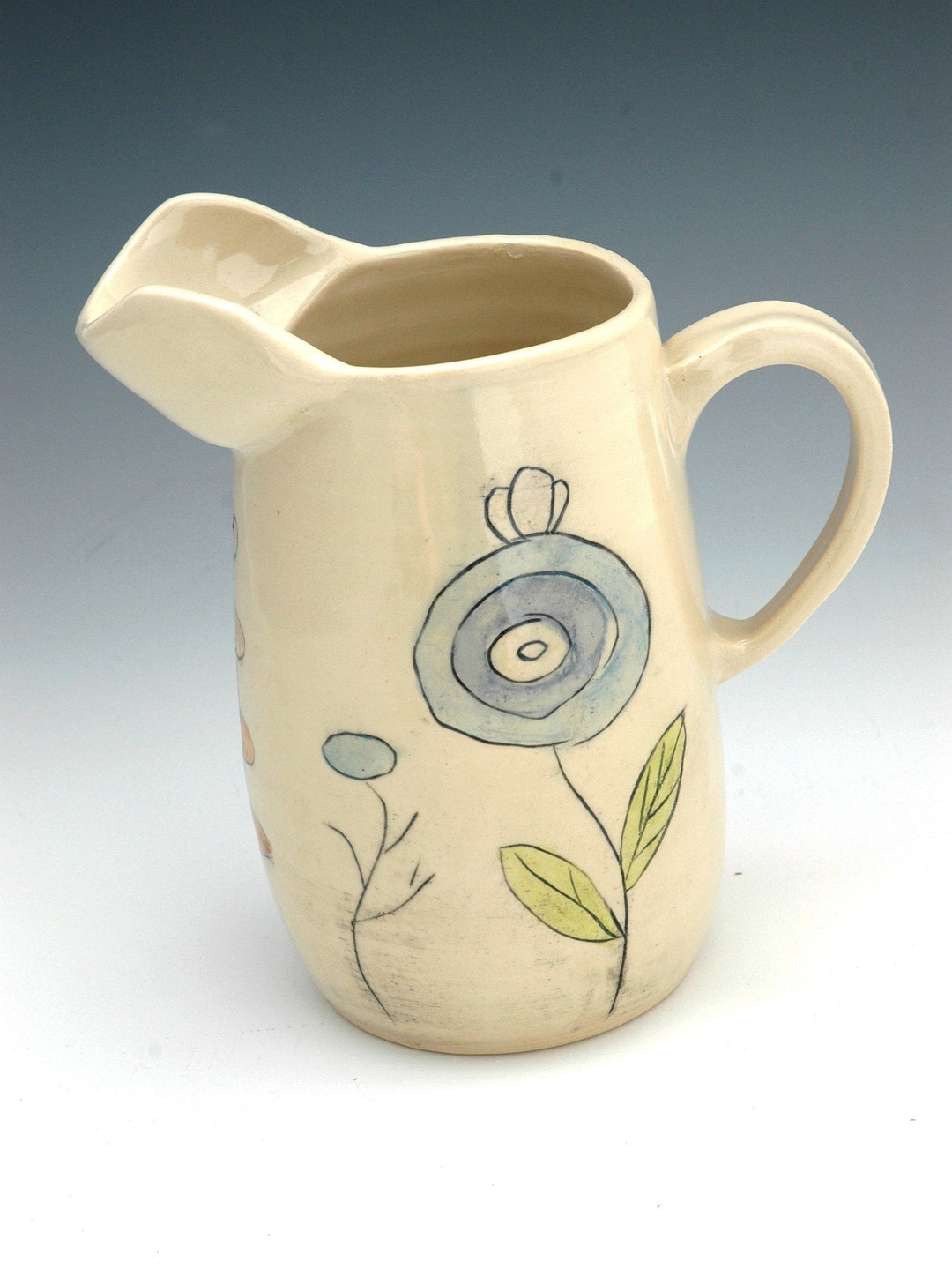 Handmade White Pottery Pitcher With Flowers and Unique Design - Etsy