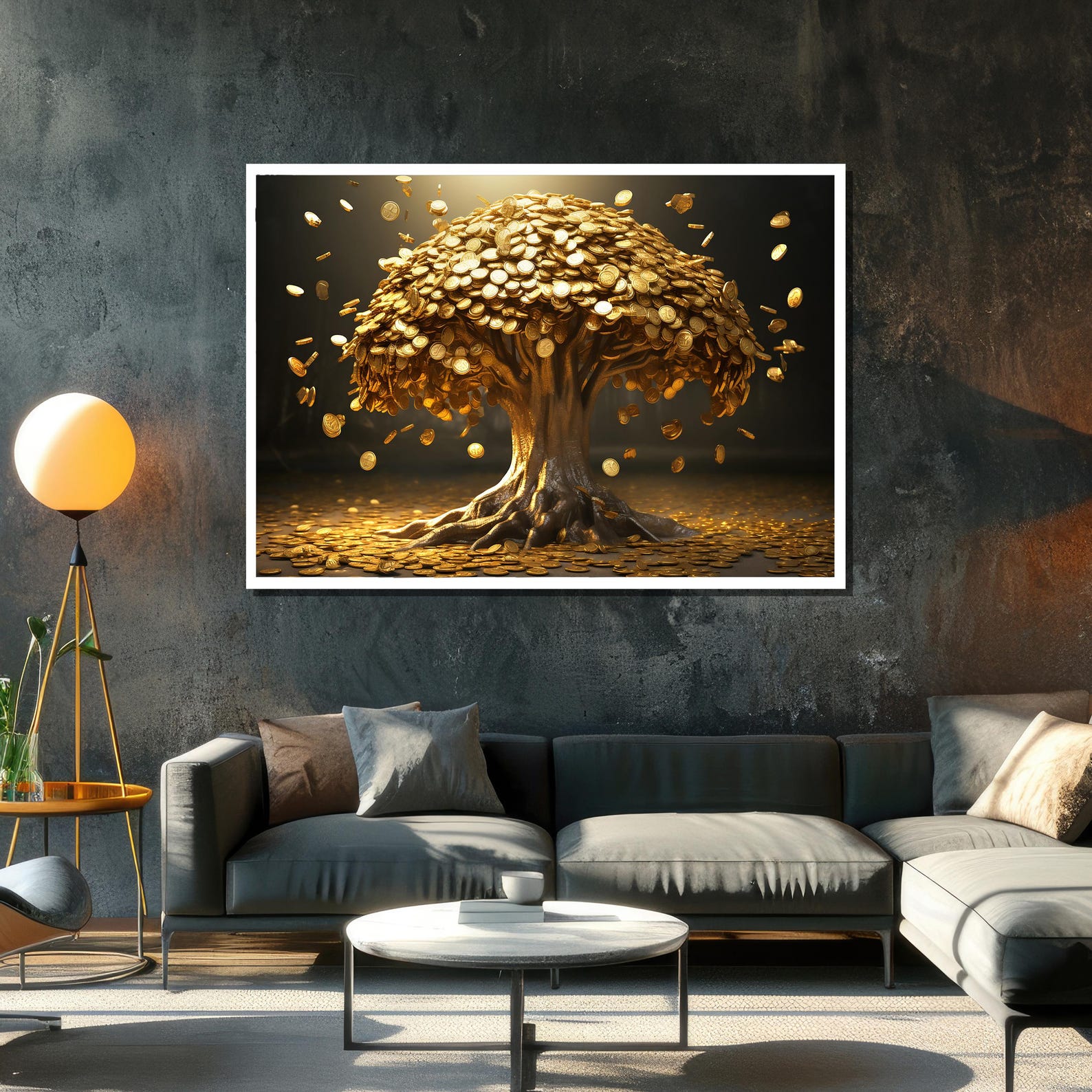 Golden Money Tree Canvas Print - Surreal Wealth Symbol With Falling ...