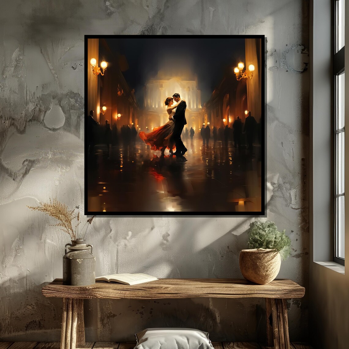 Romantic Courtyard Dance Canvas Print - Elegant Couple in Red ...