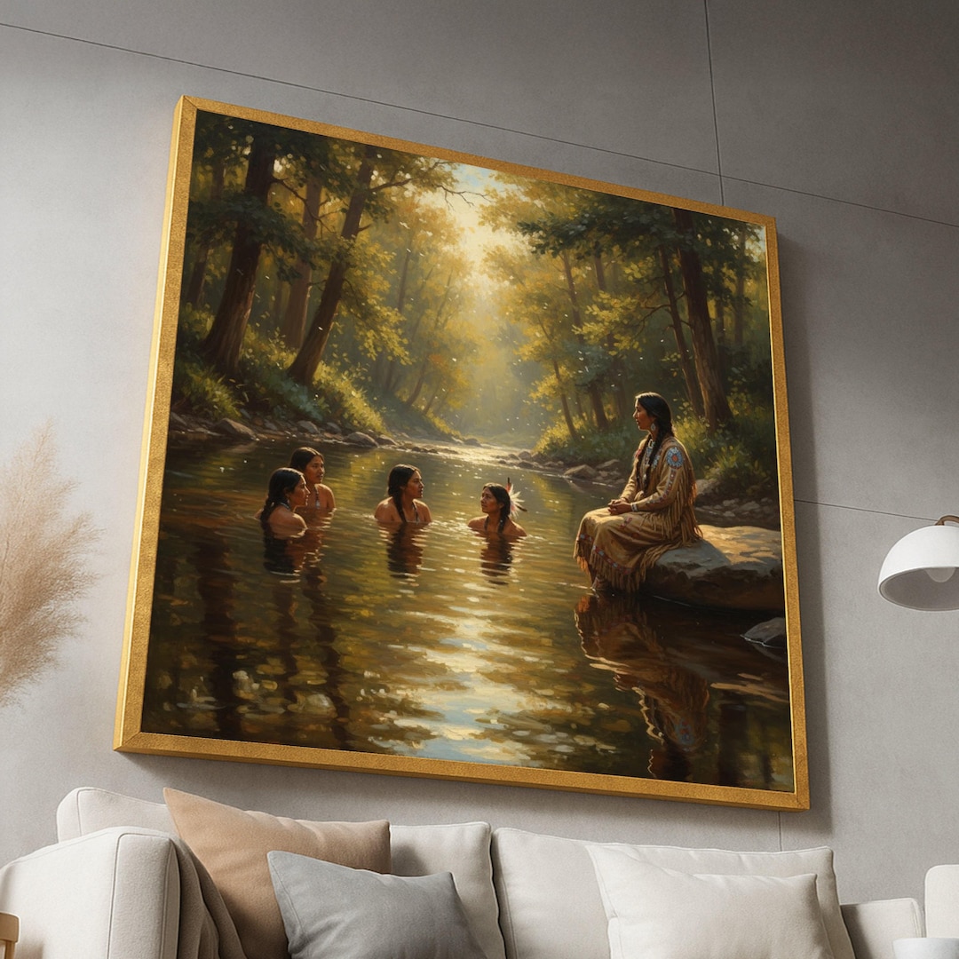 Tranquil River Scene, Native American Women Canvas, Peaceful Forest ...