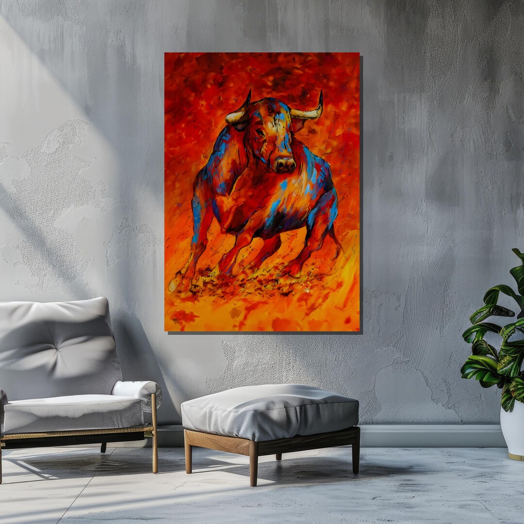 Fiery Bull Art Print - Bold Expressionist Canvas With Red and Blue ...