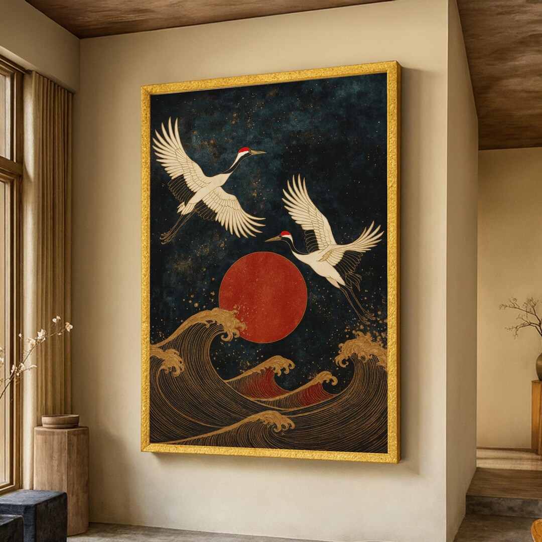 Japanese Crane Art Canvas, Red Sun Wall Art, Traditional Japanese Waves ...