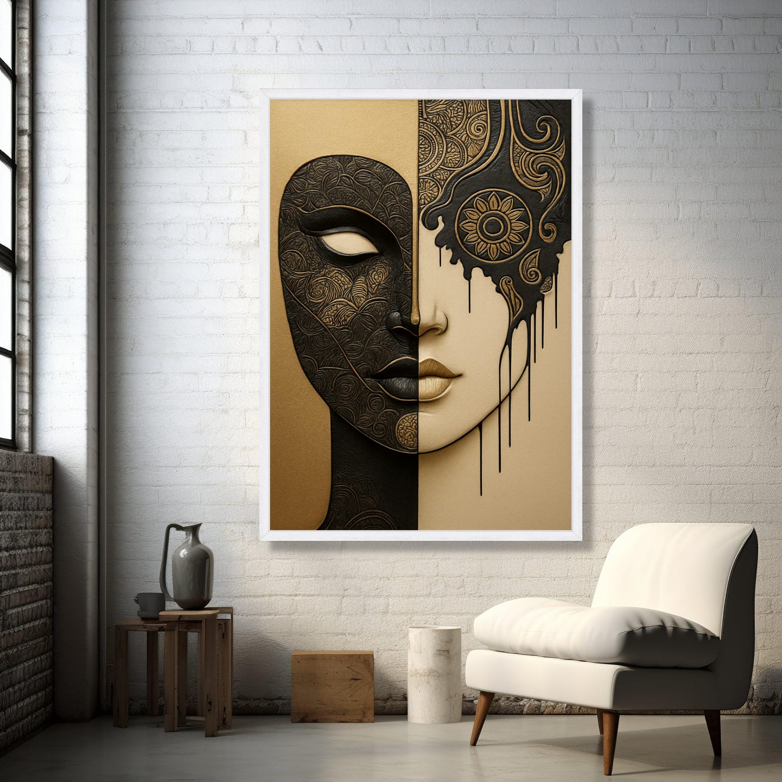 Abstract Dual Face Art Canvas, Black and Gold Face Wall Decor ...