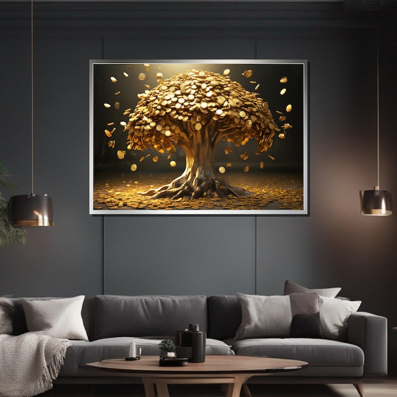 Golden Money Tree Canvas Print - Surreal Wealth Symbol With Falling ...
