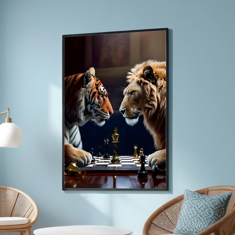 Tiger Vs Lion Chess Art Print - Realistic Animal Battle With Strategic ...