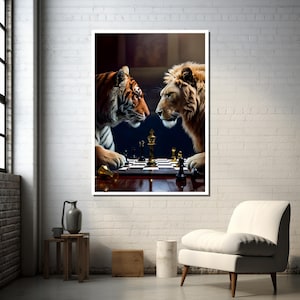 Tiger Vs Lion Chess Art Print - Realistic Animal Battle With Strategic ...