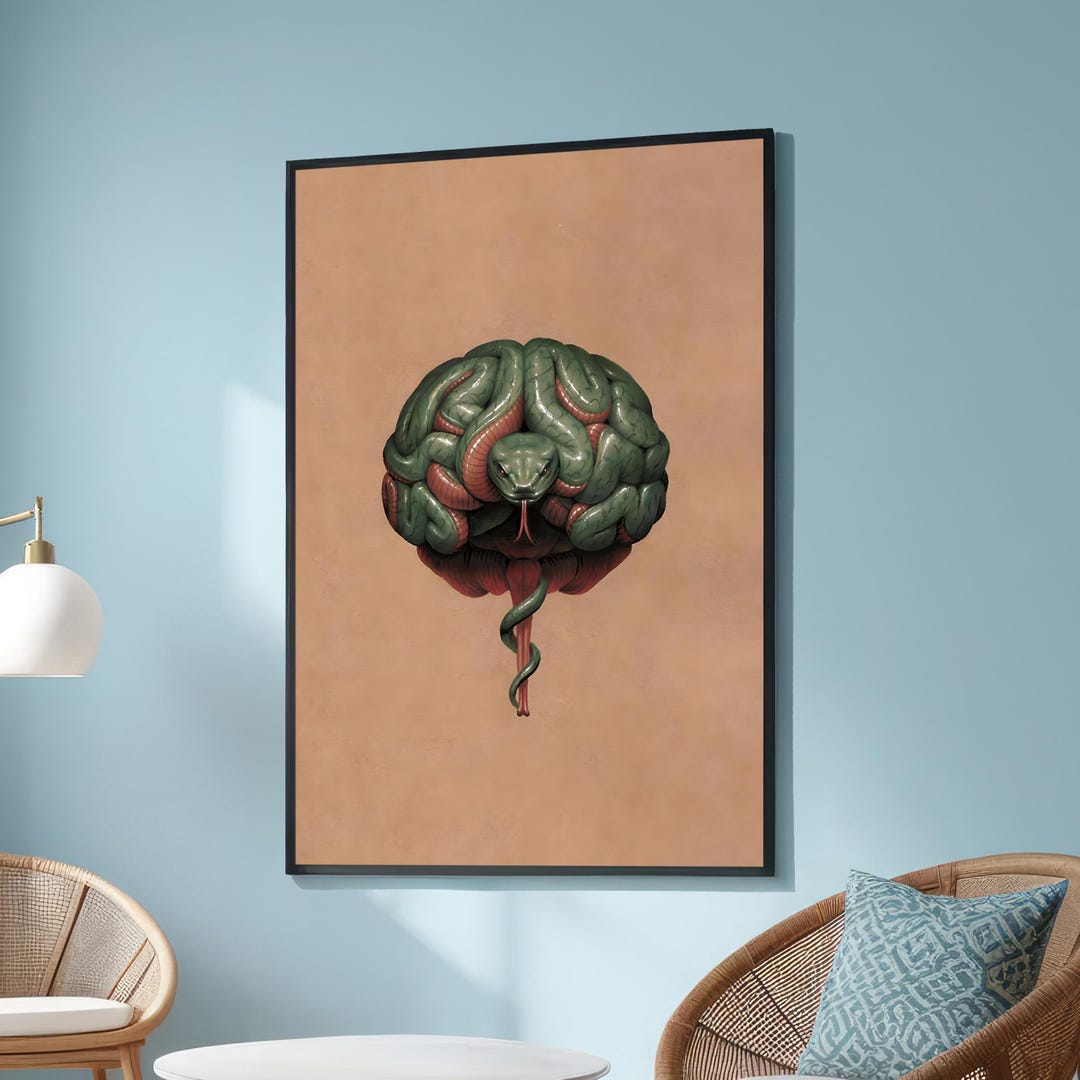 Snake and Brain Art Print – Surrealist Symbolic Artwork, Green Snake ...