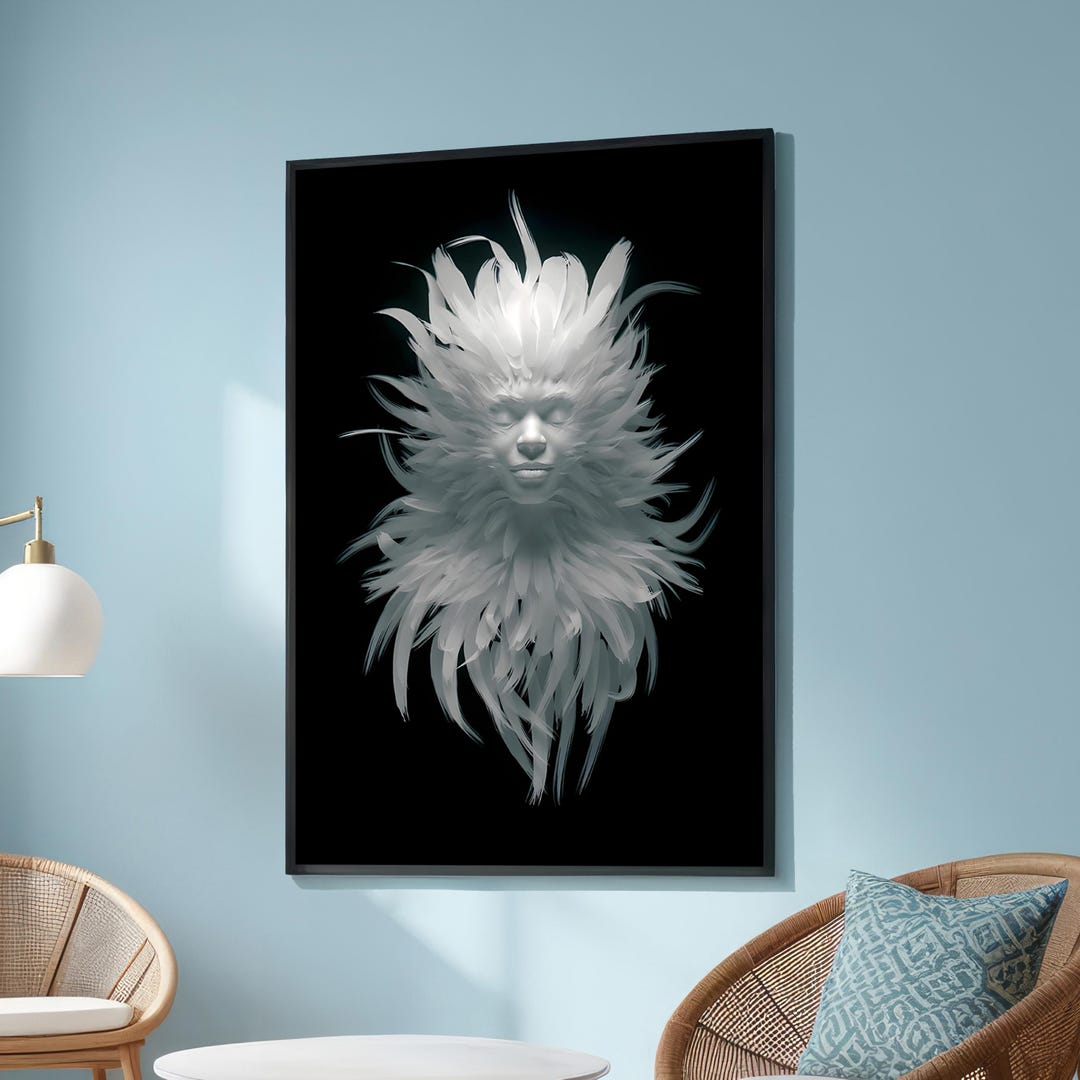 Surreal Ethereal Face With Feather Halo Canvas Print, Dreamlike Modern ...