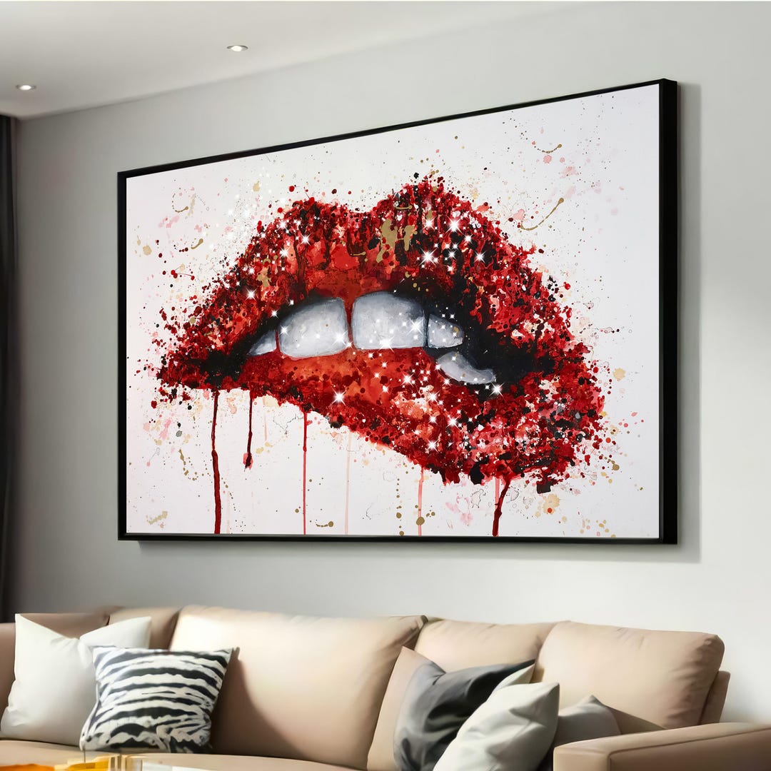 Modern Red Lips Canvas Art - Sparkling Pop Art Style Mouth - Chic Bold ...