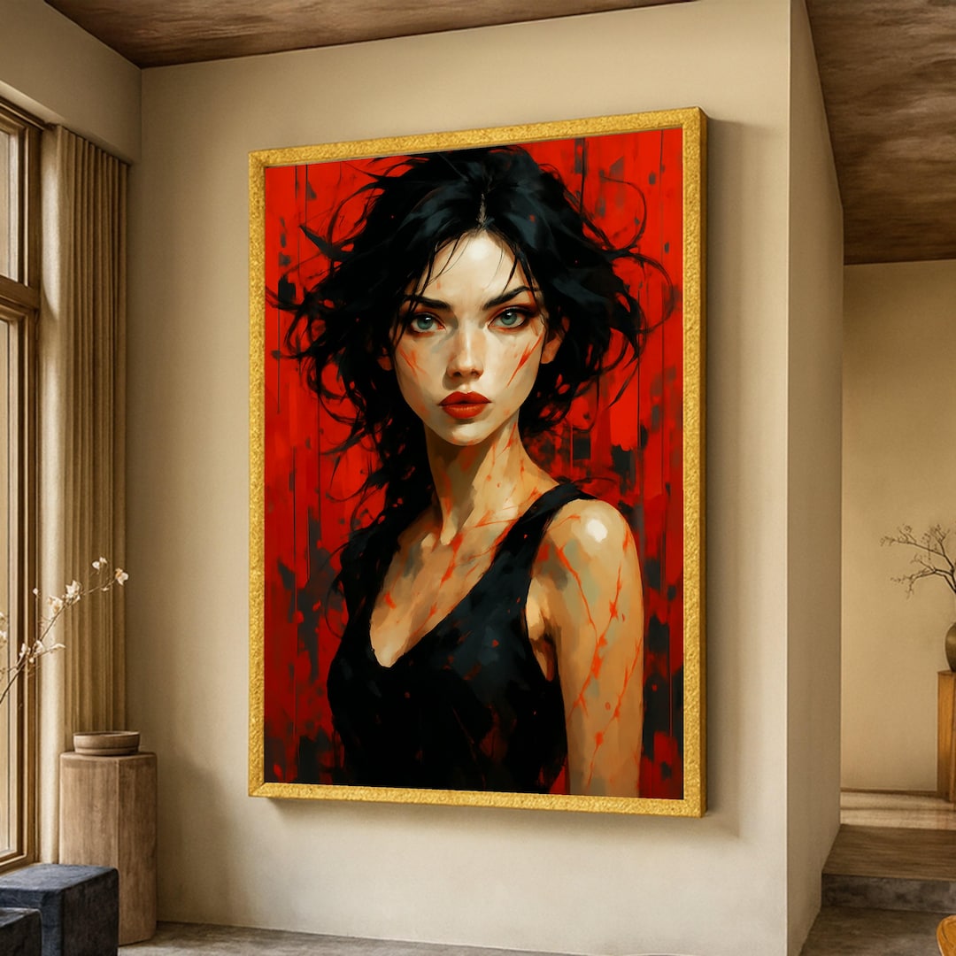 Striking Woman Portrait Canvas, Dark Hair Red Background, Expressionist ...