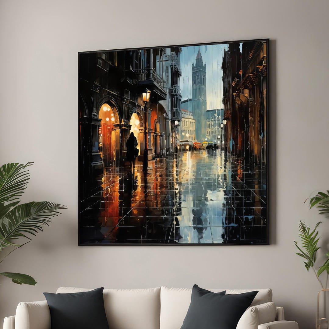 Rainy Cityscape With Glowing Lights Canvas Print - Romantic Urban ...