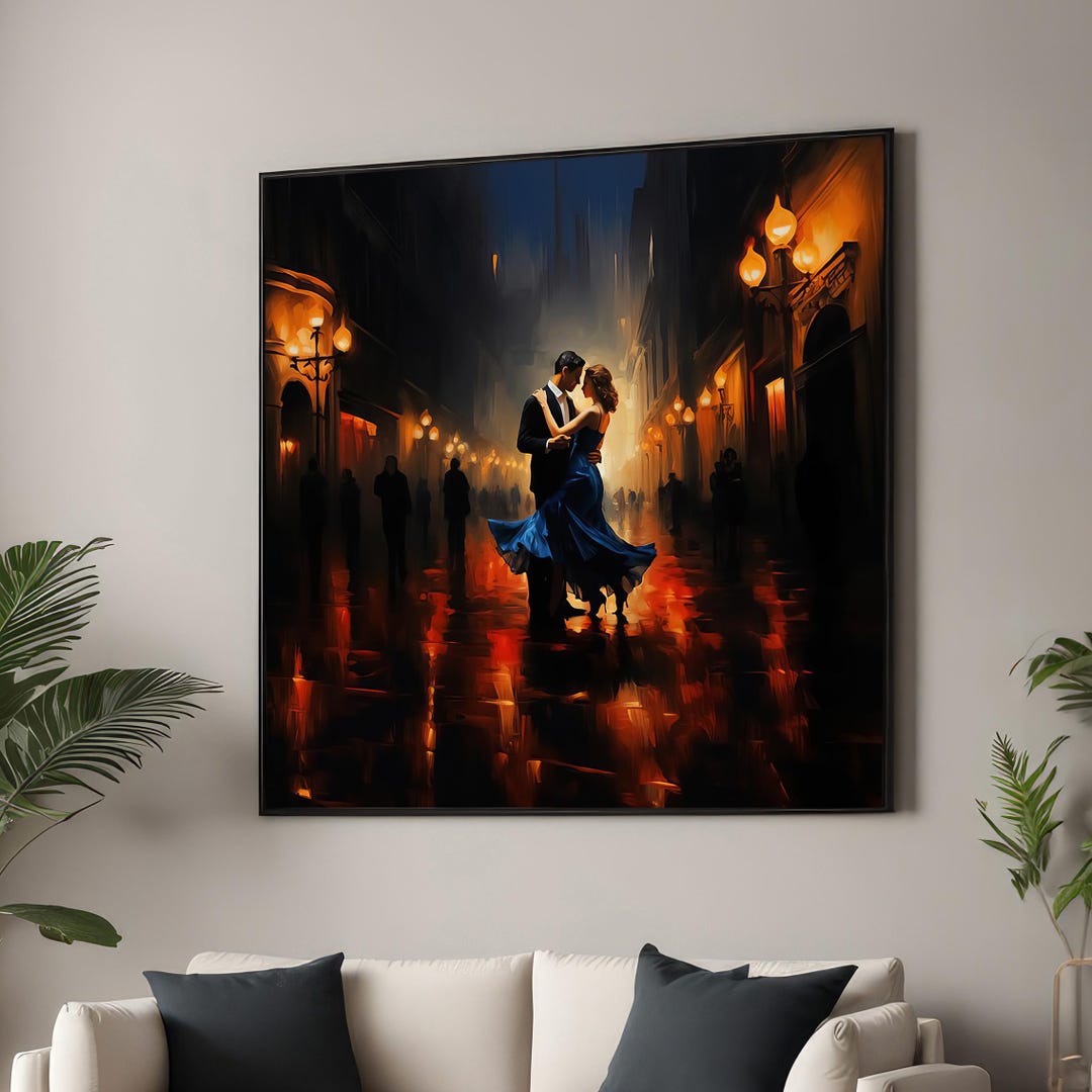 Romantic Night Dance Canvas Print - Elegant Couple in Blue - Cinematic ...