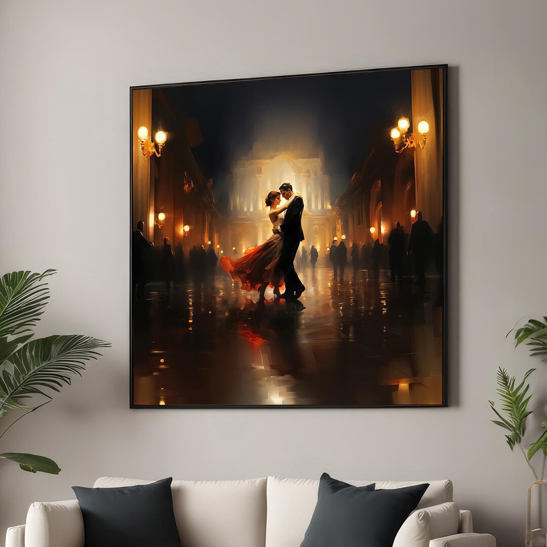 Romantic Courtyard Dance Canvas Print - Elegant Couple in Red ...