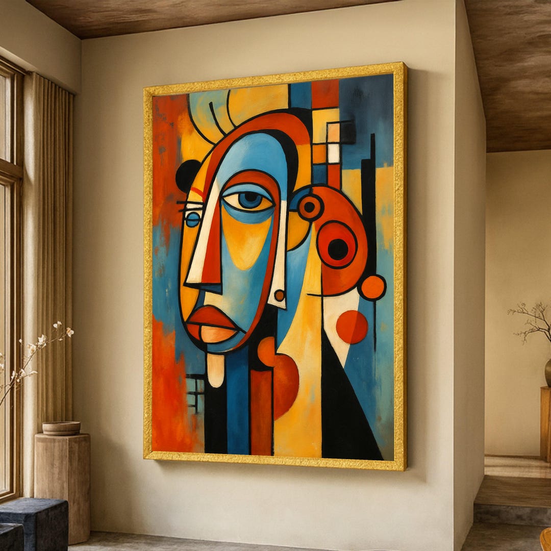 Abstract Cubist Portrait Canvas, Modern Geometric Wall Art, Bold ...