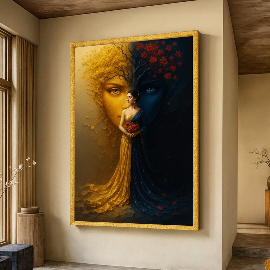 Duality Woman Portrait Canvas, Yellow Blue Dress Art, Autumn Leaves ...