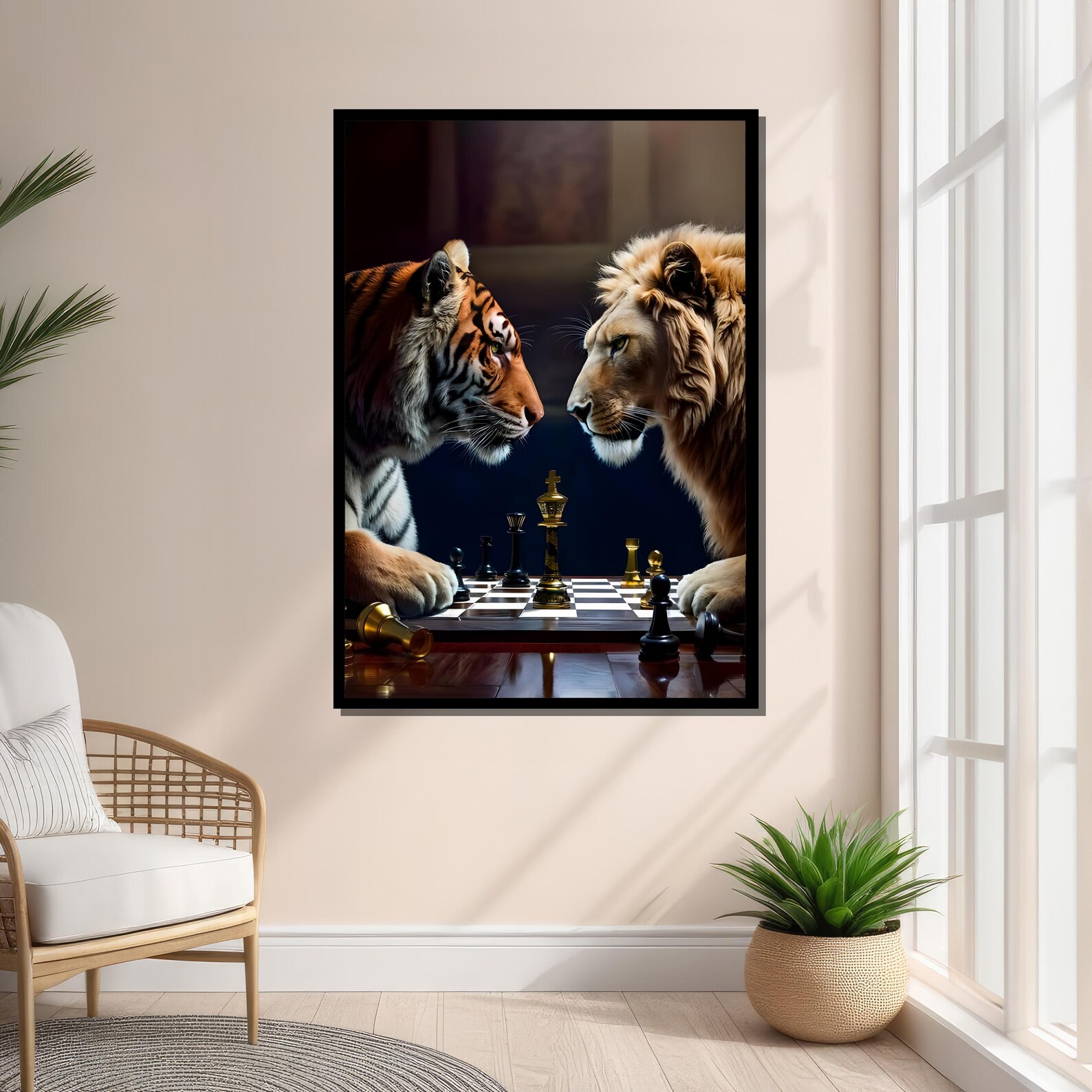 Tiger Vs Lion Chess Art Print - Realistic Animal Battle With Strategic ...