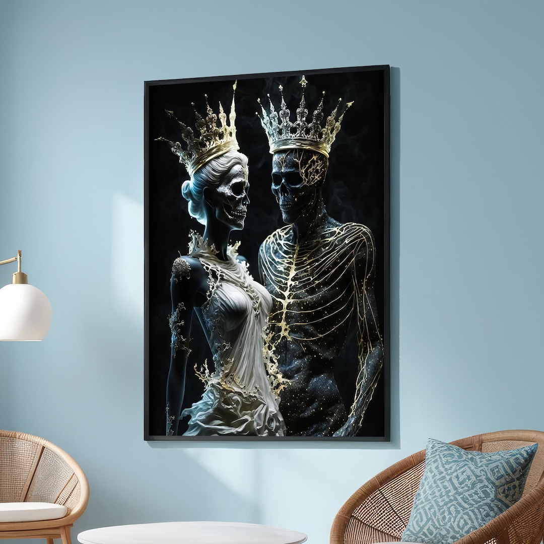 Skeleton King and Queen in Golden Crowns - Surreal Fantasy Art ...