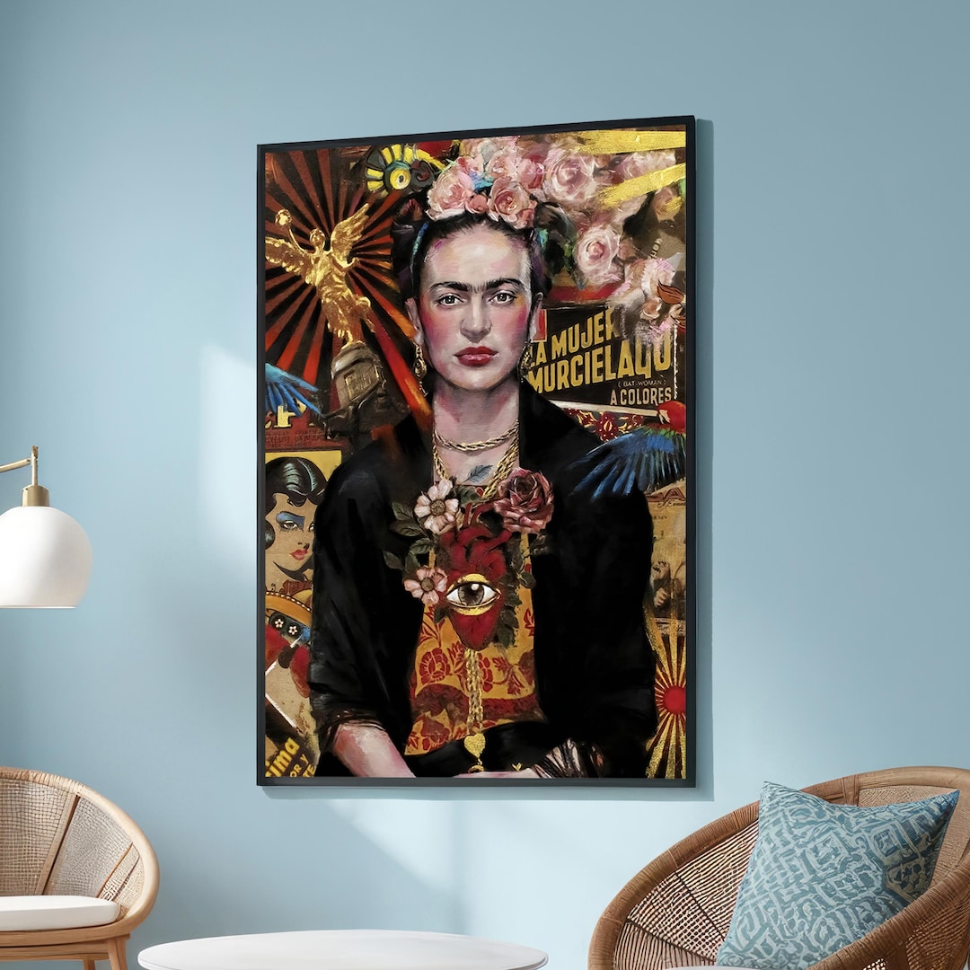 Frida Kahlo Iconic Portrait – Vibrant Mexican Folk Art With Gold ...