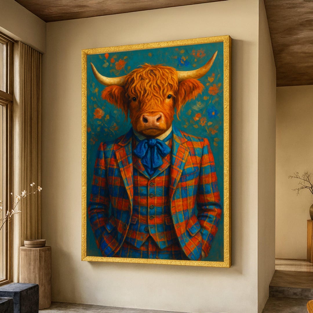 Dapper Highland Cow Portrait Canvas, Plaid Suit Animal Wall Art ...