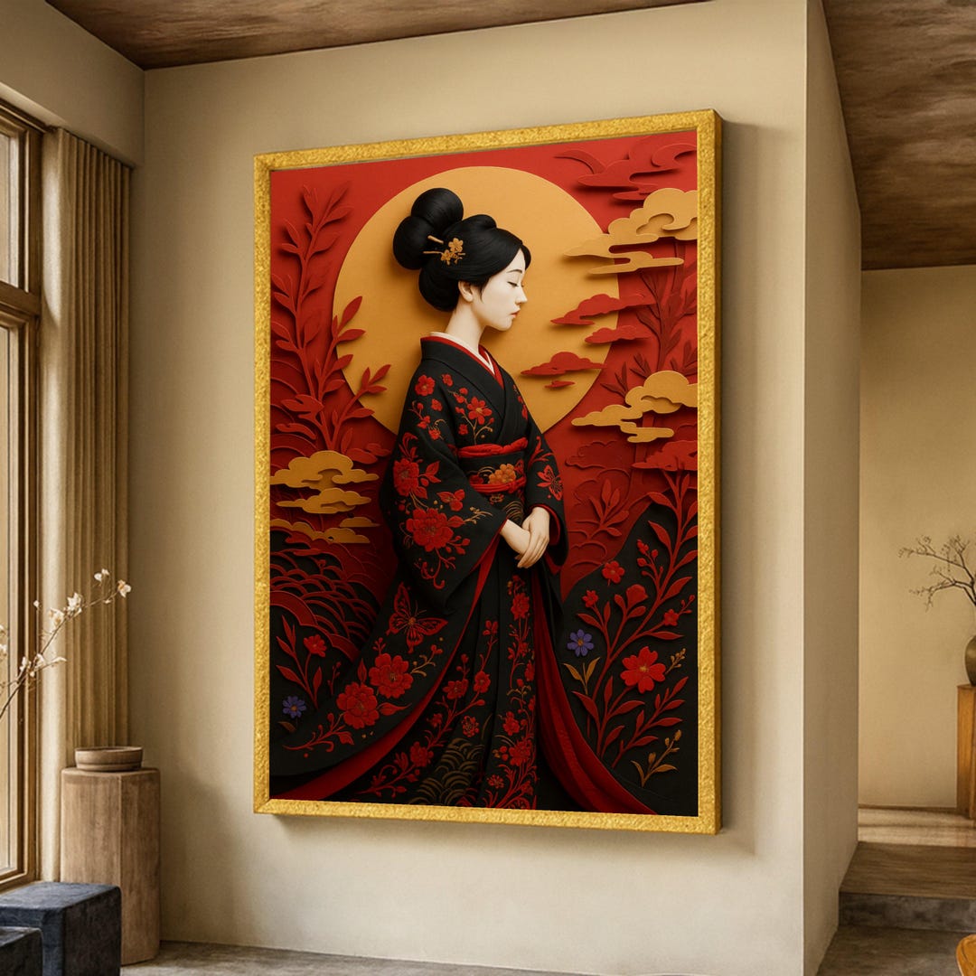Elegant Geisha Portrait Canvas, Japanese Kimono Wall Art, Floral ...