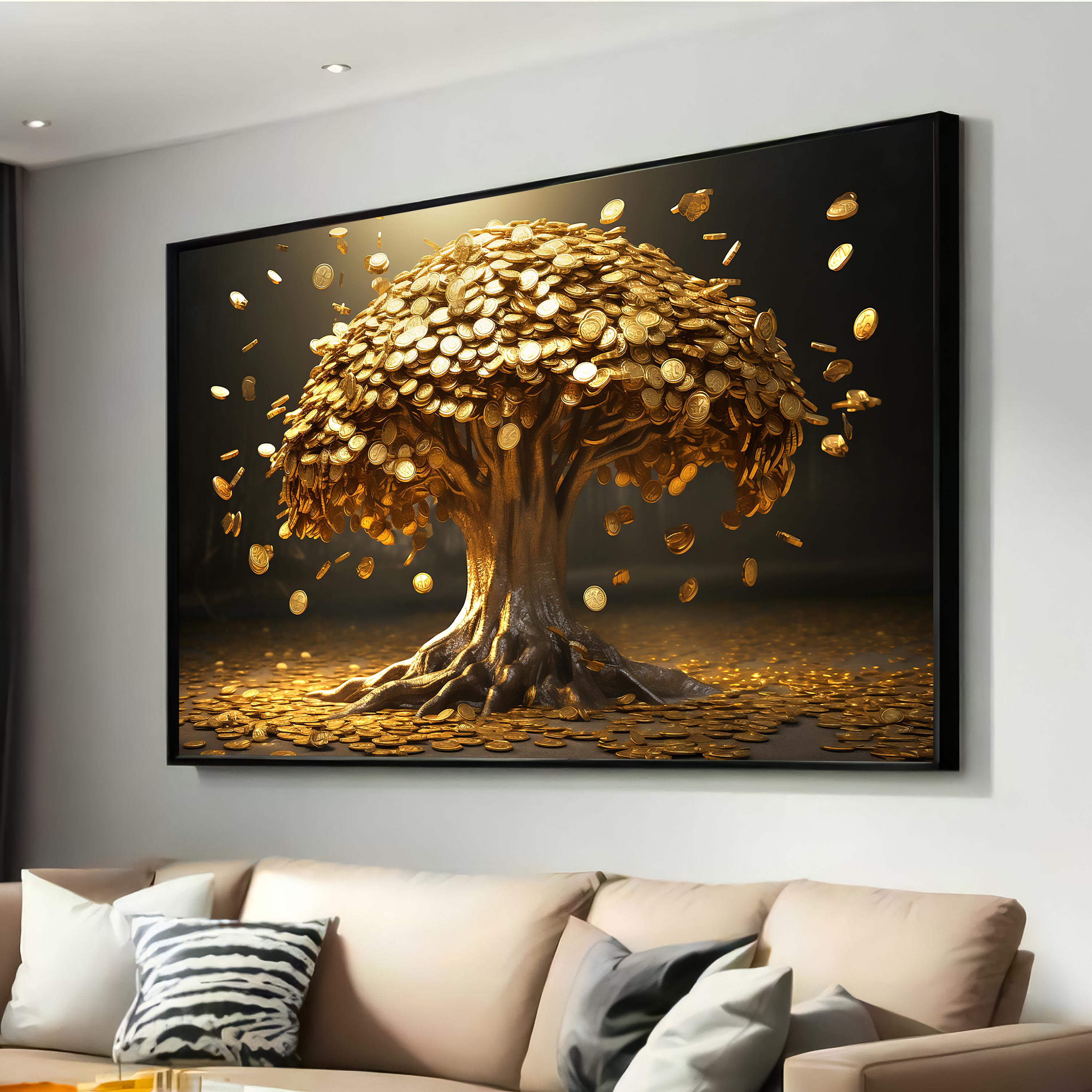 Golden Money Tree Canvas Print - Surreal Wealth Symbol With Falling ...