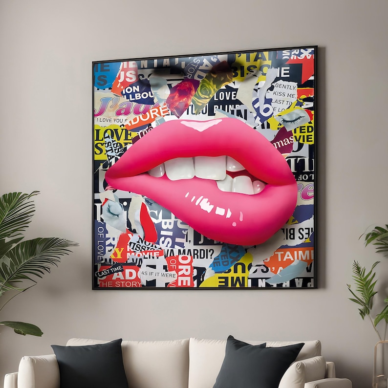 Glossy Pink Lips With Collage Background - Bold Pop Art and Mixed Media ...