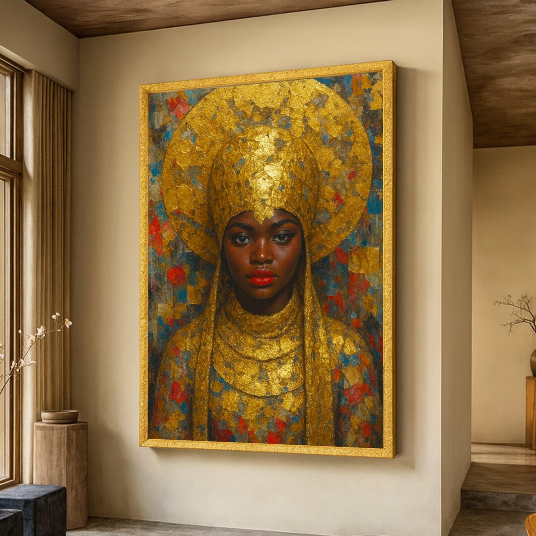 Regal African Queen Portrait, Gold Leaf Canvas Wall Art, Modern ...