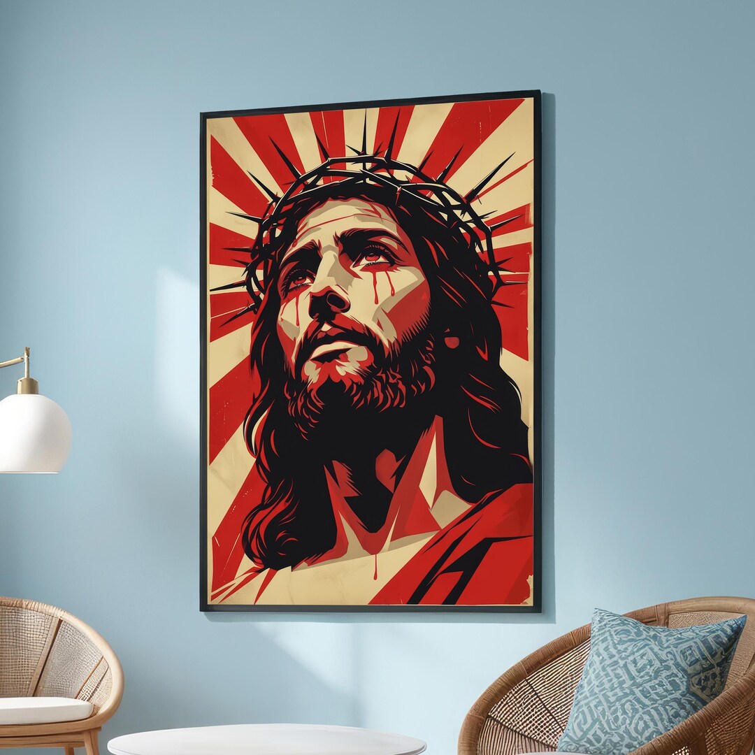 Jesus Crown of Thorns Canvas - Bold Graphic Religious Wall Art - Red ...