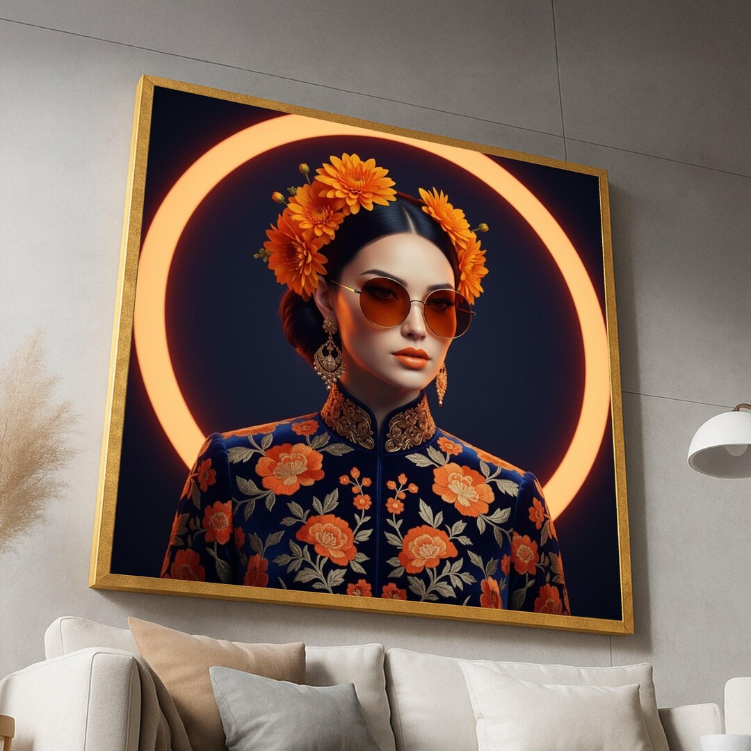 Elegant Floral Portrait Canvas, Woman With Orange Flowers, Gold ...