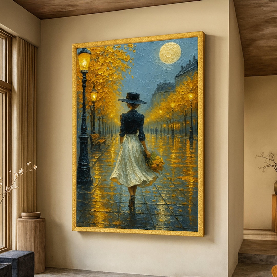 Evening Stroll Under Full Moon, Romantic Lady With Flowers Canvas ...
