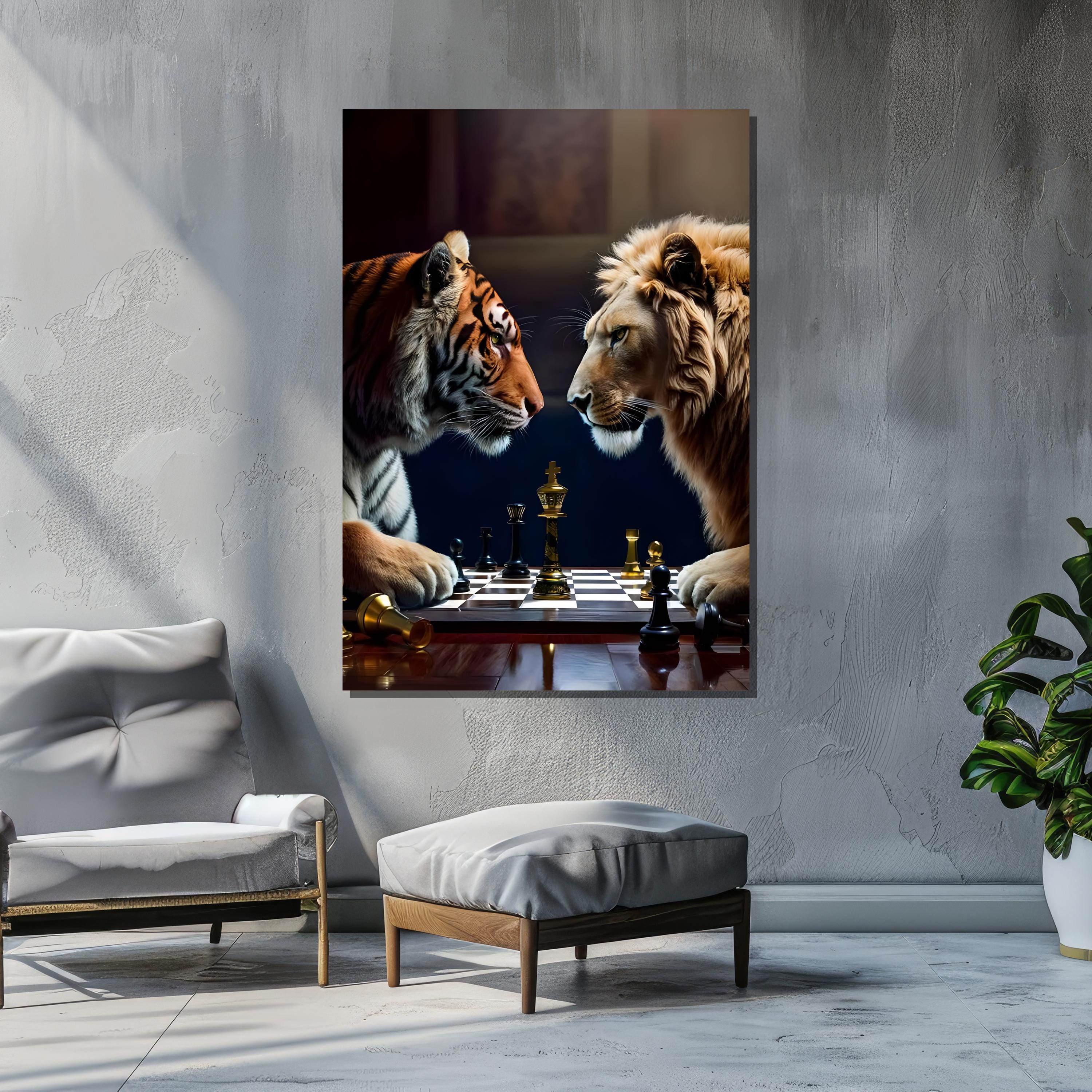 Tiger Vs Lion Chess Art Print - Realistic Animal Battle With Strategic ...