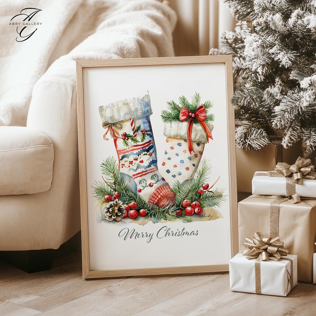 Watercolor Christmas Stockings Art Print, Holiday Wall Decor - Etsy