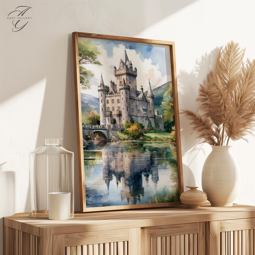 Ashford Castle Art Print, Irish Lake Reflection Wall Art, Watercolor ...