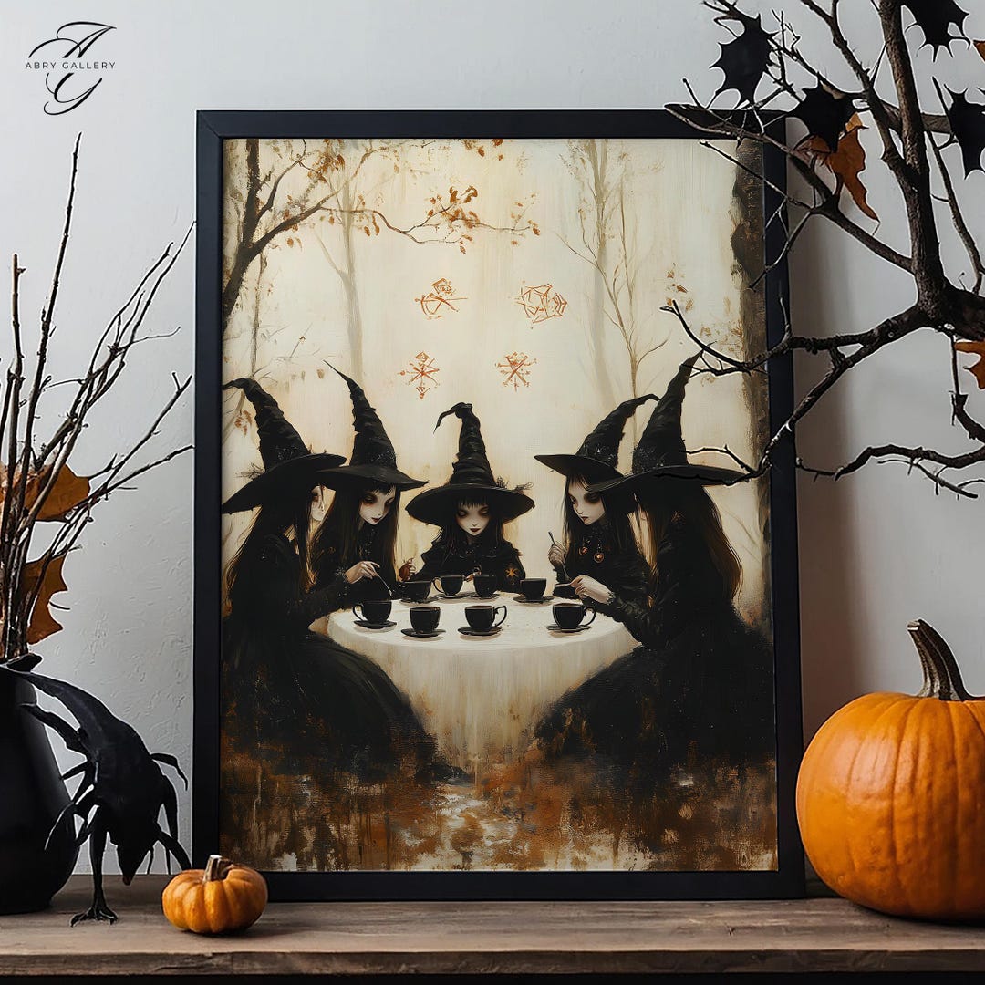 Witches Art Print, Halloween Wall Decor, Spooky Witch Tea Party, Gothic ...