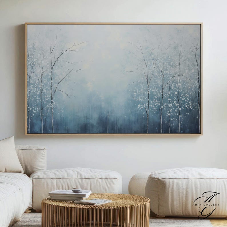 Winter Forest Print, Blue Snowy Trees Wall Art, Minimalist Winter Decor ...