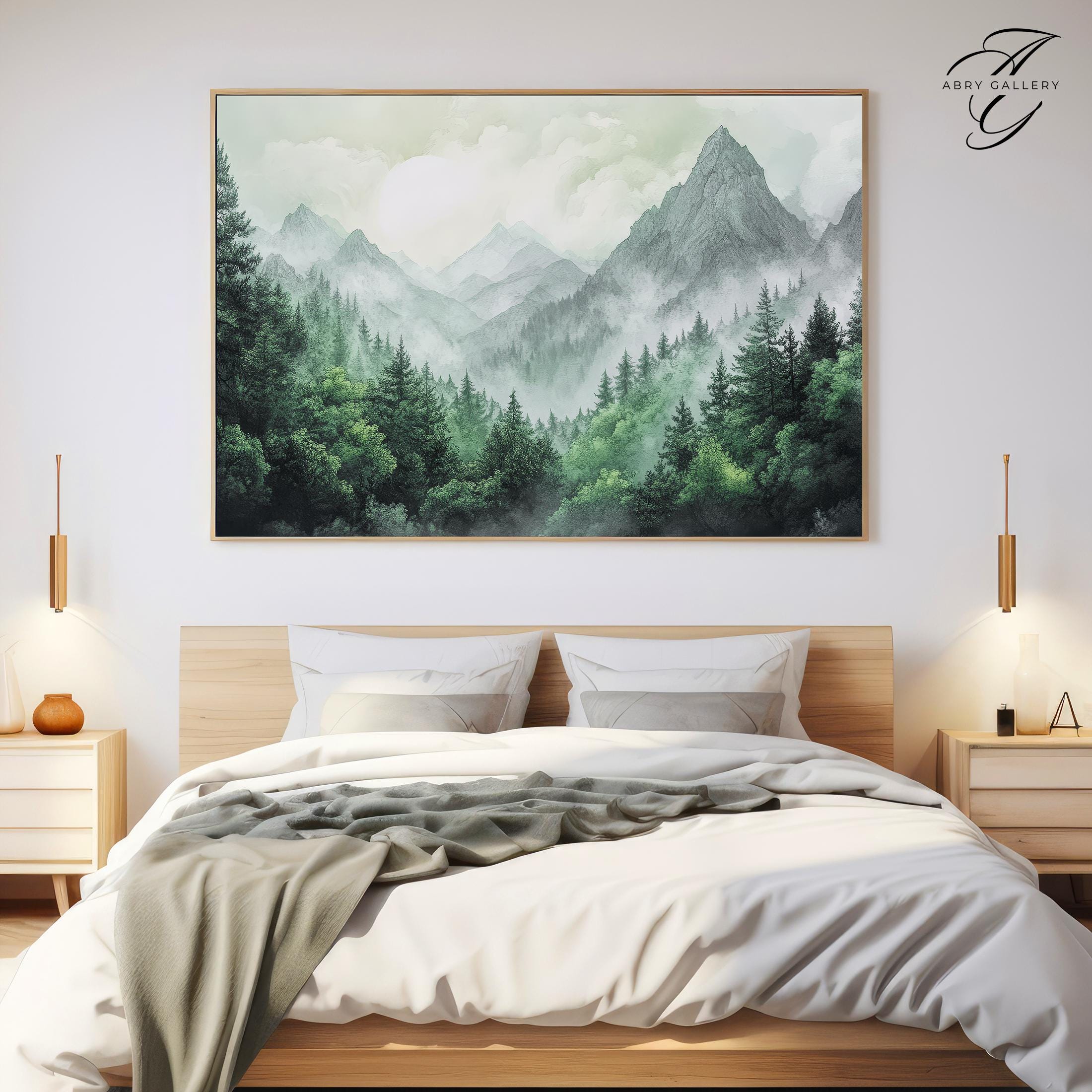 Misty Forest Wall Art Print, Green Landscape Poster, Nature Watercolor Tree Art, Woodland Decor ...