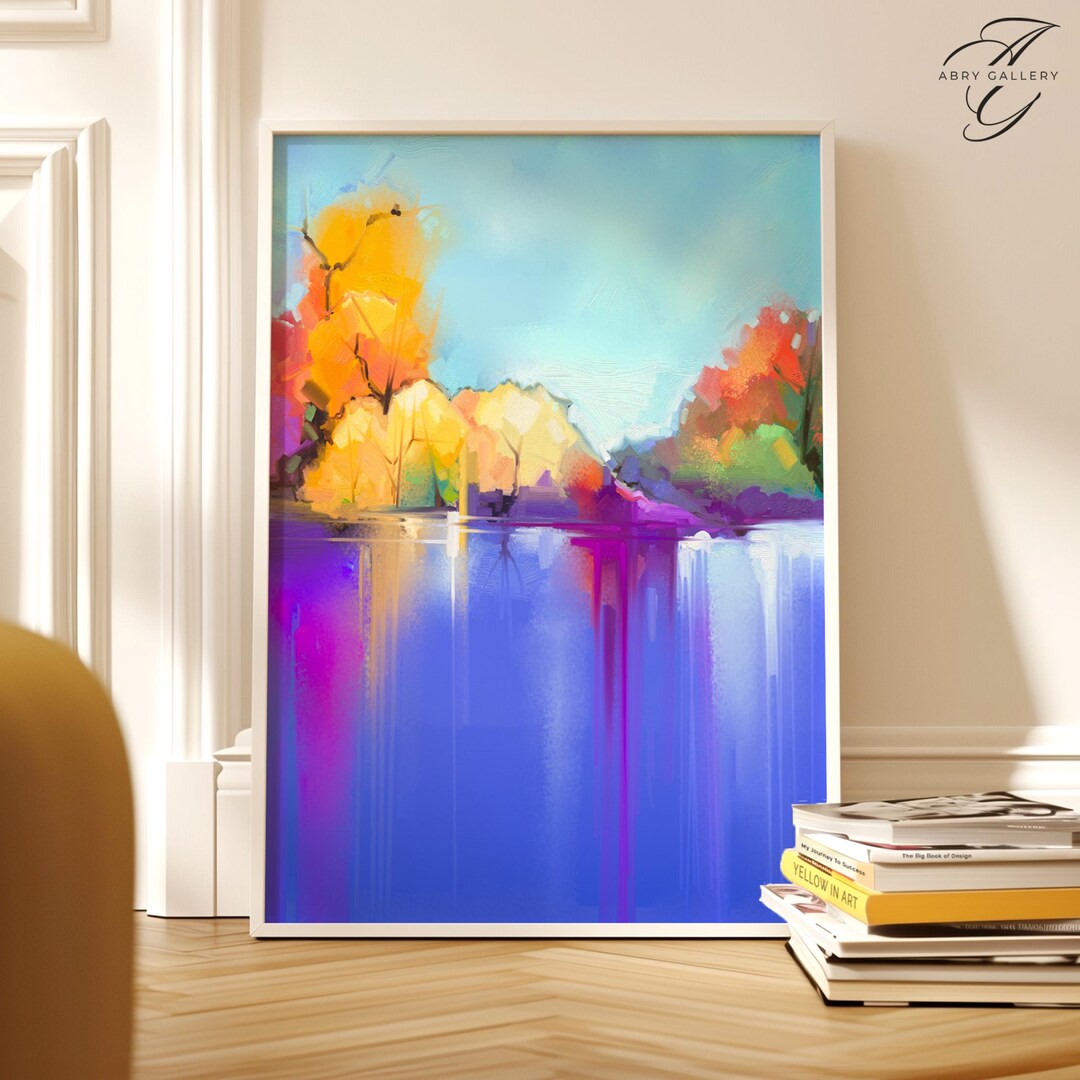 Abstract Autumn Landscape Print: Colorful Trees, Blue Lake Reflection ...