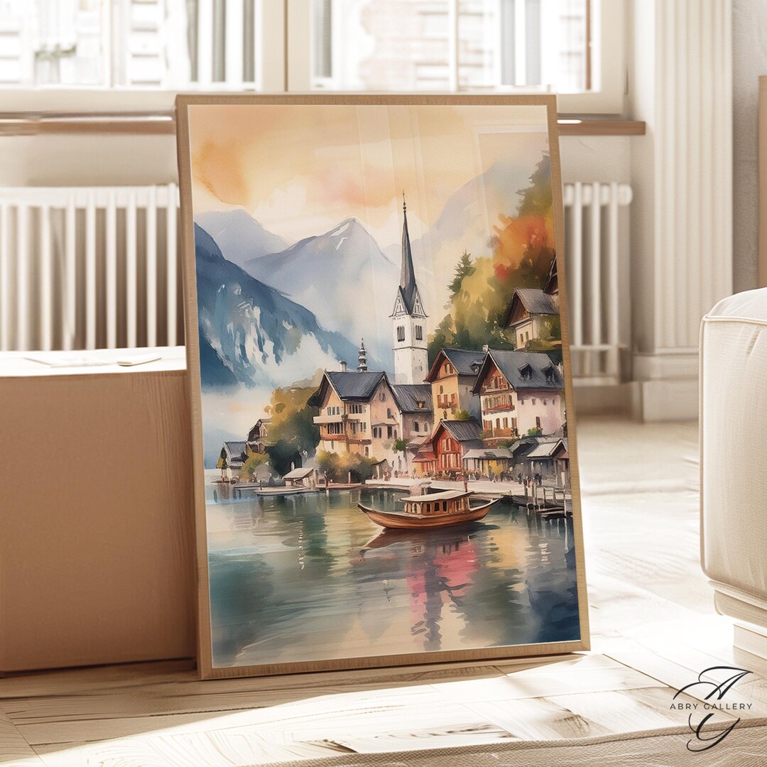 Hallstatt Austria Art Print, Alpine Village Watercolor Poster, Mountain ...