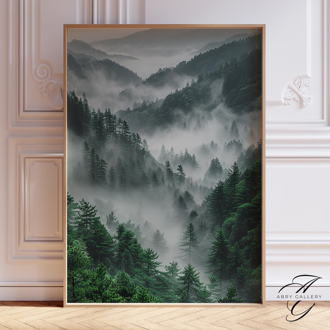 Foggy Forest Wall Art, Green Forest Painting, Botanical Prints, Forest ...
