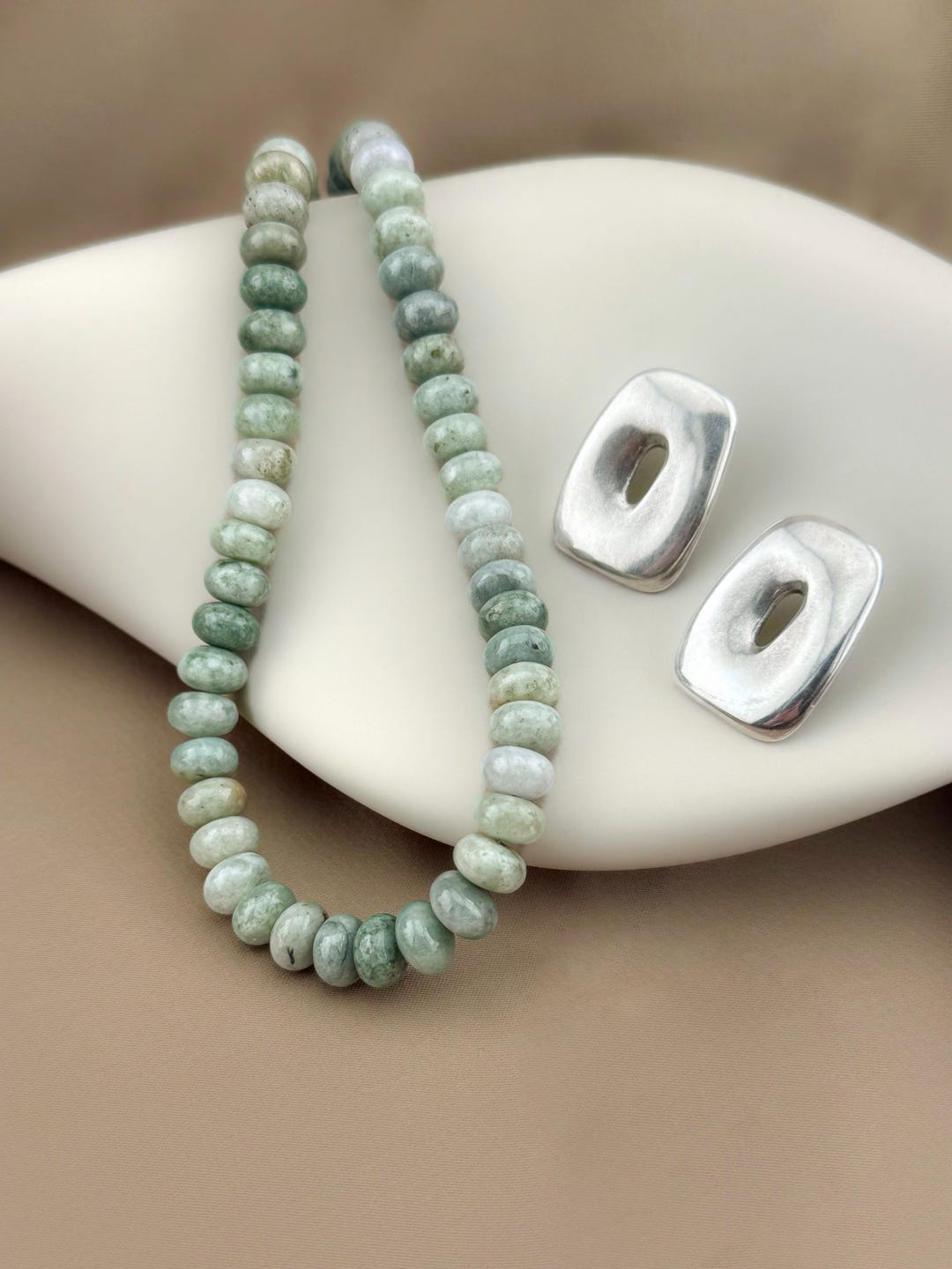Matching Jewelry Set – Jadeite Beaded Necklace and Chunky Silver Color ...